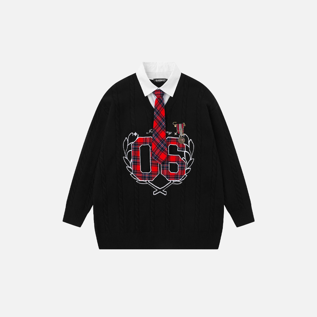 Plaid Letter With Necktie Shirt Embroidery Sweater – DAXUEN