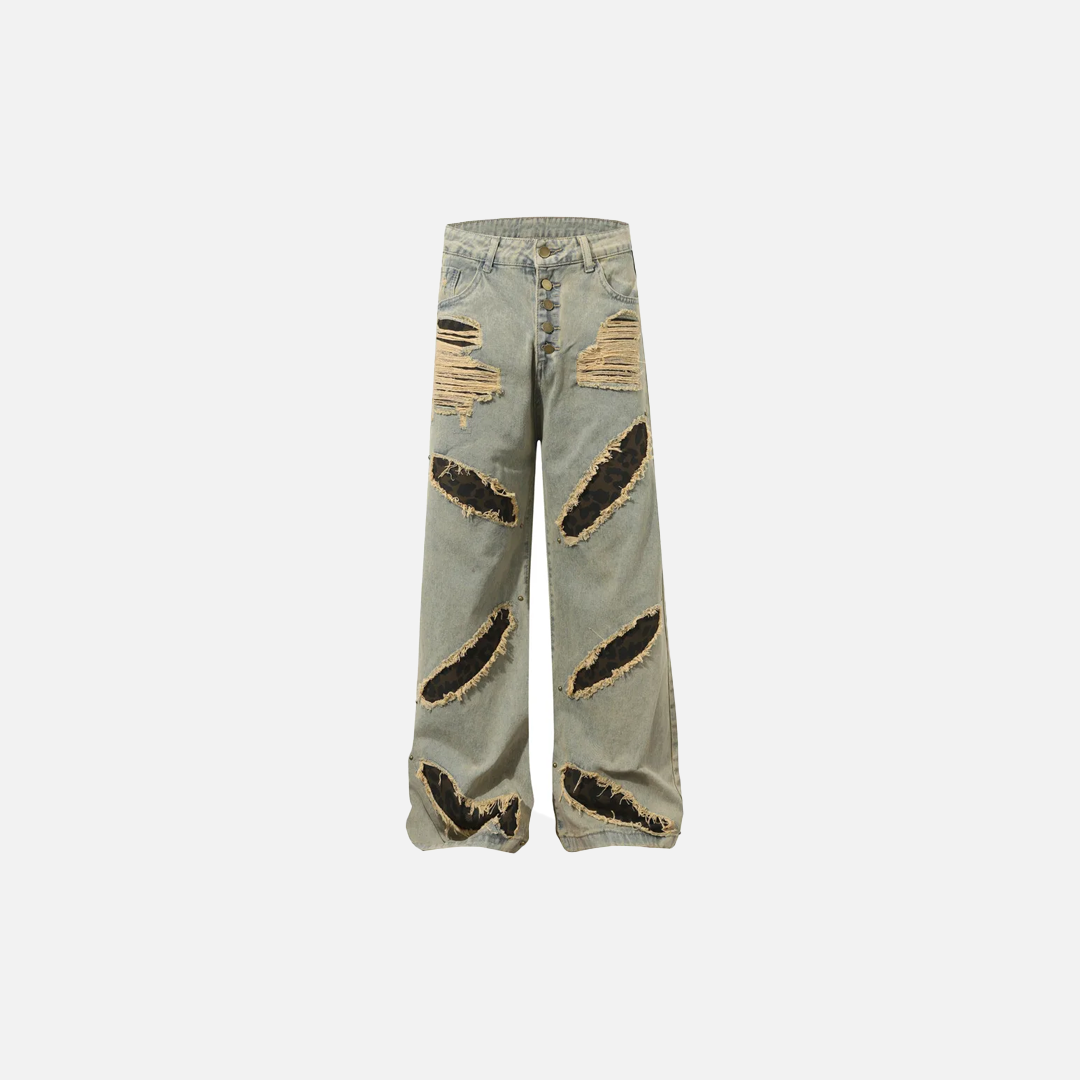 Streetwear Leopard Print Patch Rivets Ripped Jeans – DAXUEN