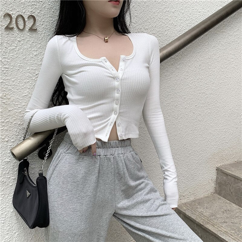 Button Thin Knitted Long Sleeve Crop Top – DAXUEN