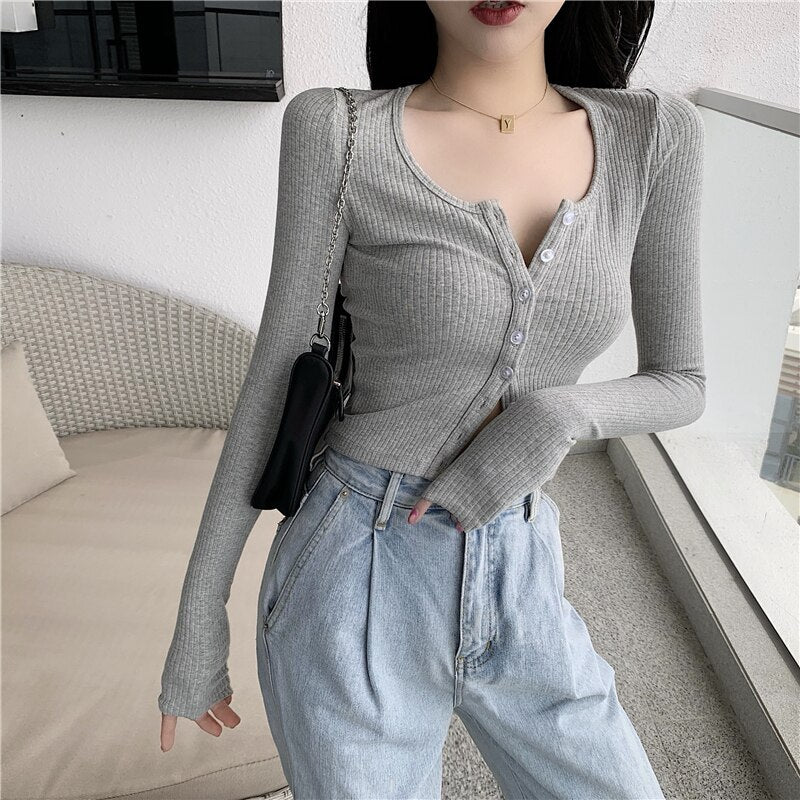 Button Thin Knitted Long Sleeve Crop Top – DAXUEN