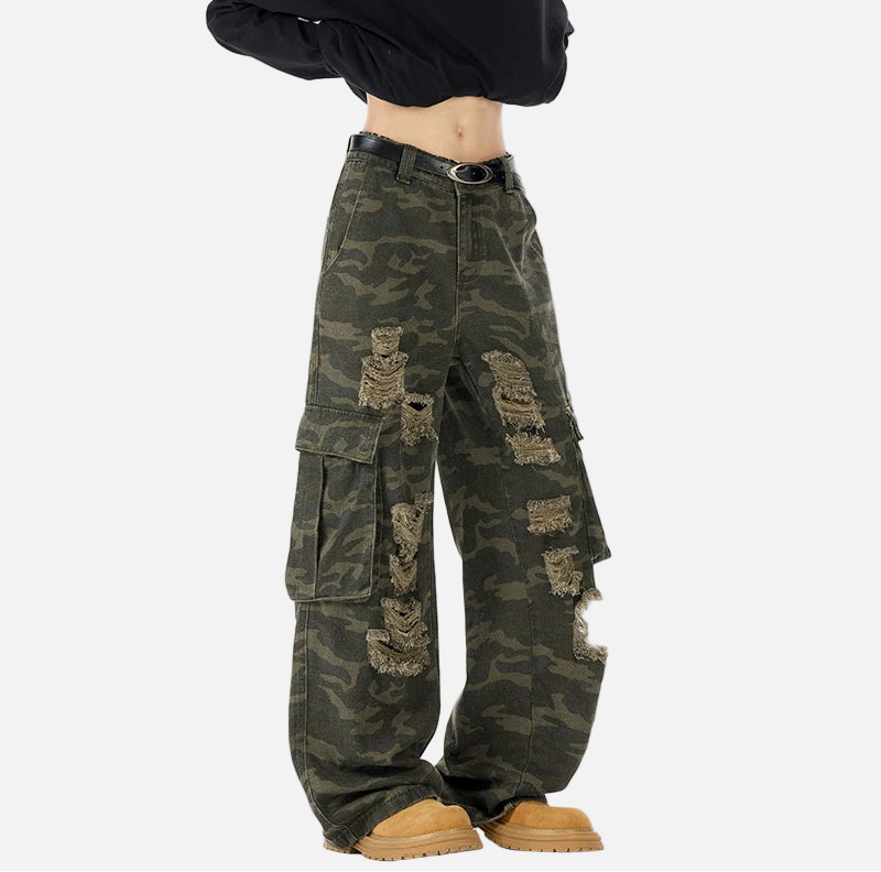 Camouflage Loose Ripped Straight Leg Cargo Jeans – DAXUEN