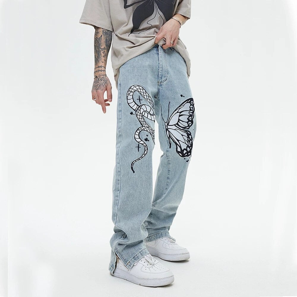 Butterfly Snake Embroidery Straight Denim Pants – DAXUEN