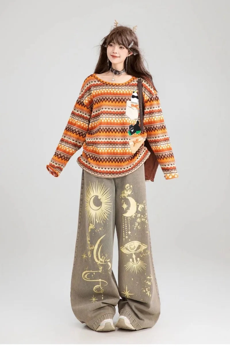 Effortless Graffiti Print Loose Vintage Wide Leg Jeans – DAXUEN