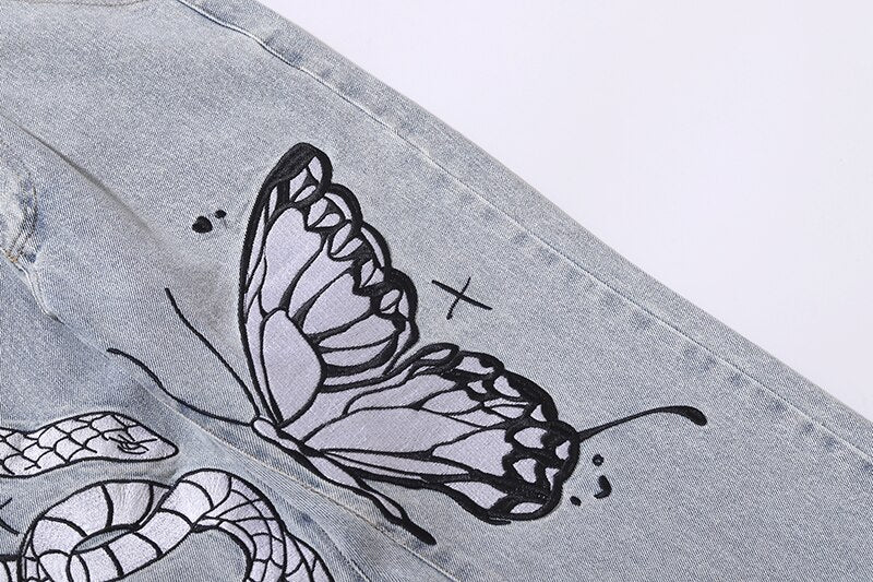 Butterfly Snake Embroidery Straight Denim Pants – DAXUEN