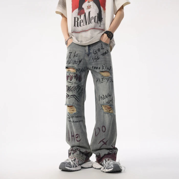 Sporty Edge Graffiti Loose Straight Retro Jeans – DAXUEN