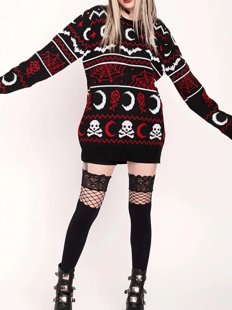 Spooky Moon Skull Pattern Sweater – DAXUEN