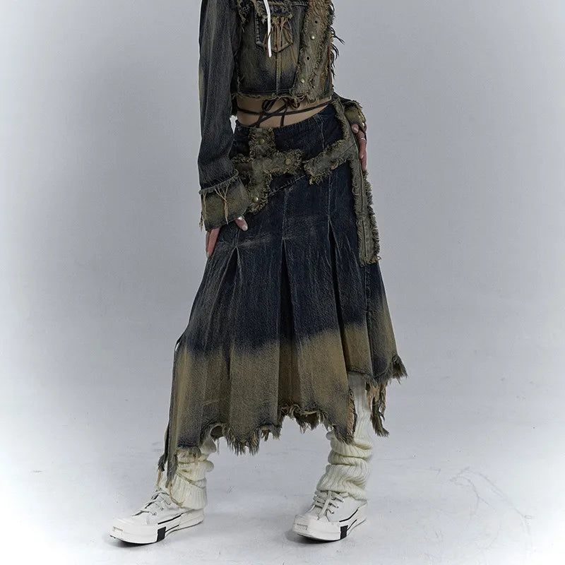Vintage Grunge Aesthetics Distressed Denim Skirt – DAXUEN