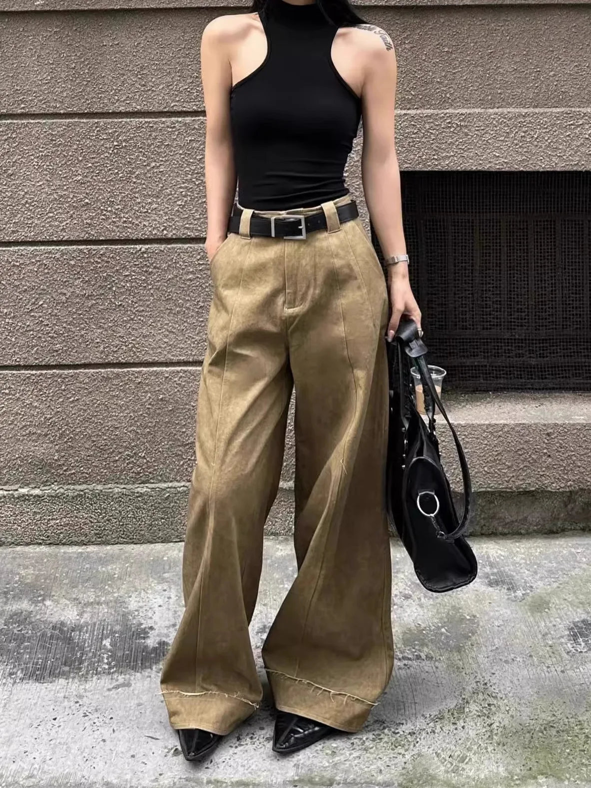 Effortless Cool Retro Khaki Wide Leg Jeans – DAXUEN