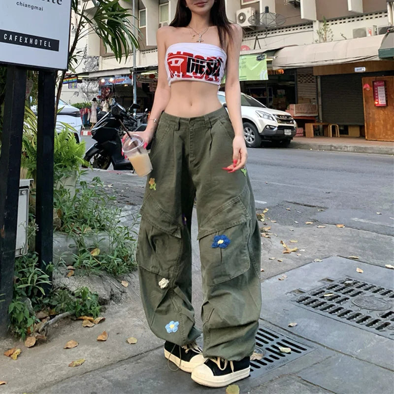 Vintage Green Flower Cargo Pants – DAXUEN