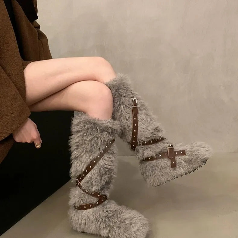 Gothic Y2K Plush Furry Winter Boot – DAXUEN