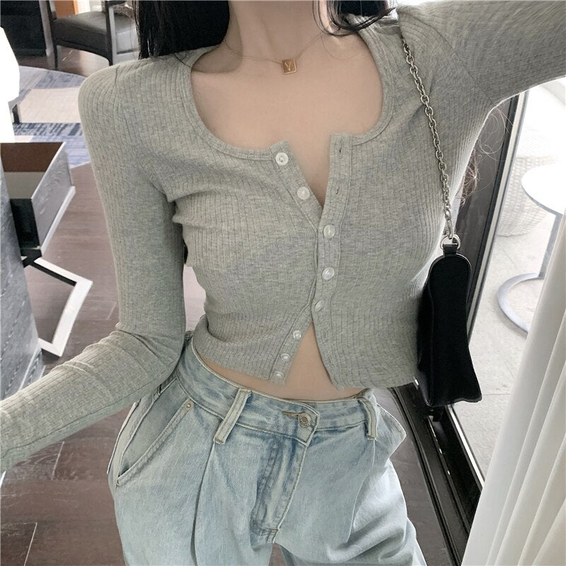 Button Thin Knitted Long Sleeve Crop Top – DAXUEN
