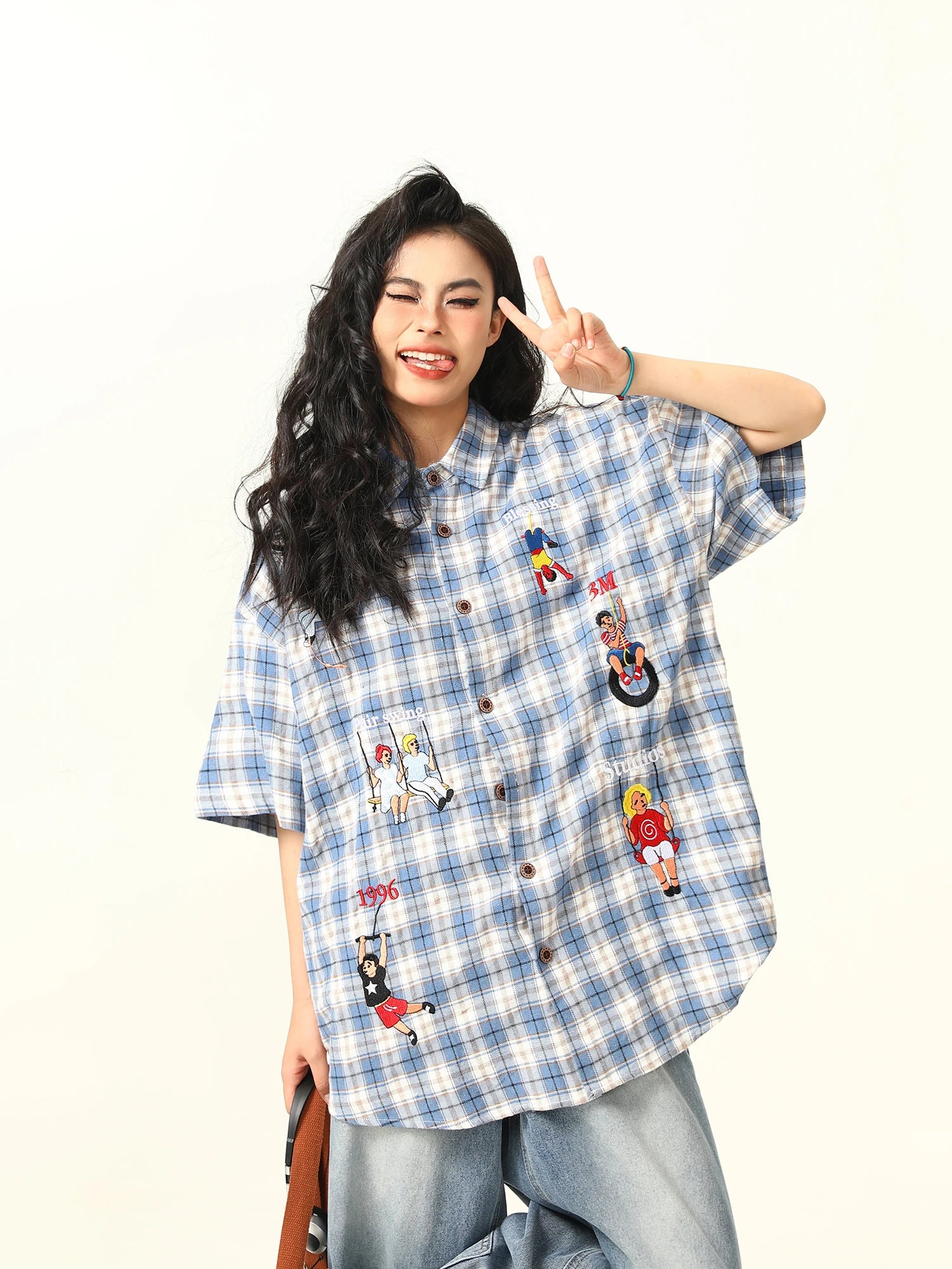 Blue Plaid Cartoon Character Embroidered Shirt – DAXUEN