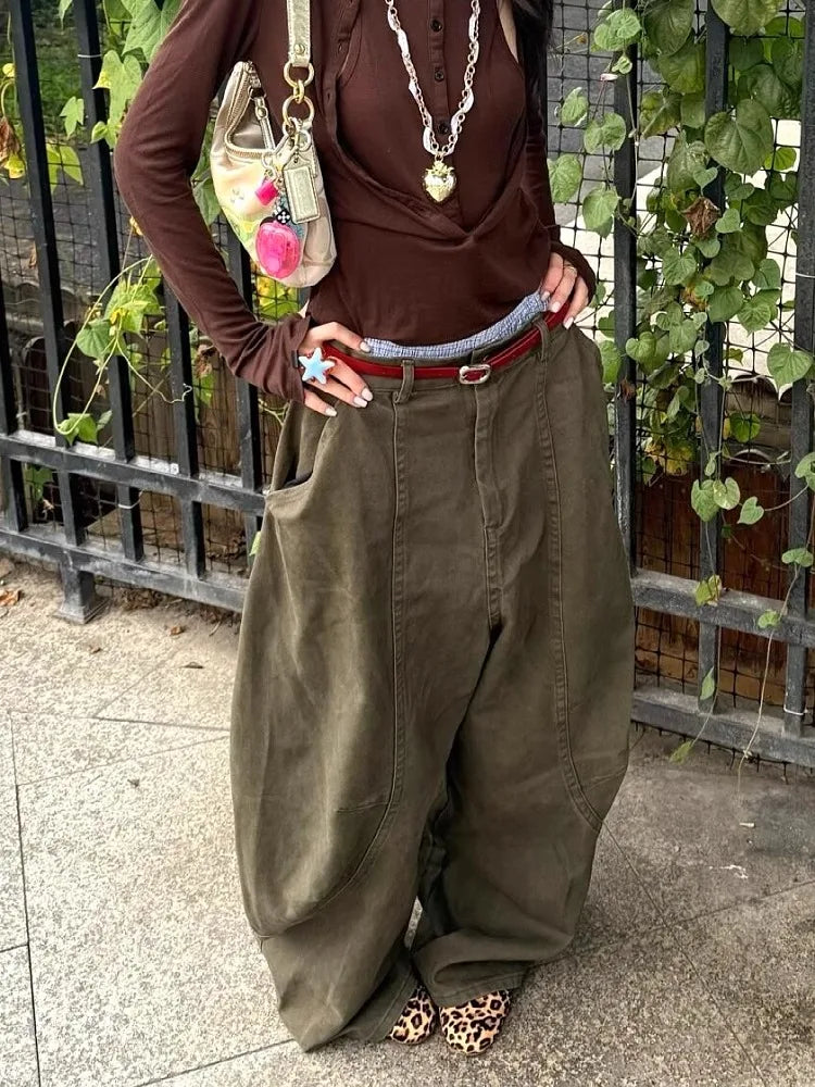 Streetwear Retro Military Green Curved Knife Pants – DAXUEN