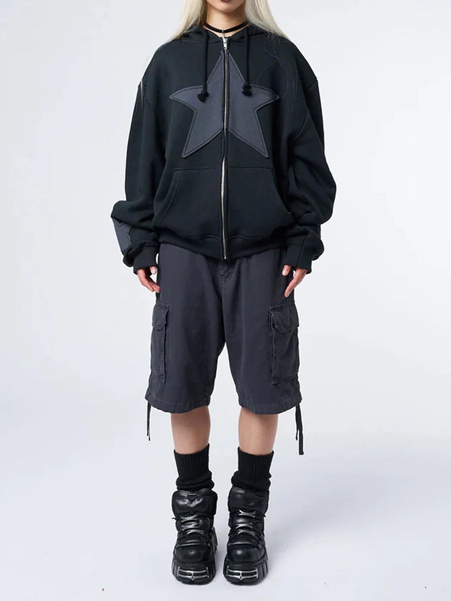 Y2K Star-Patch Zip-Up Hoodie – DAXUEN