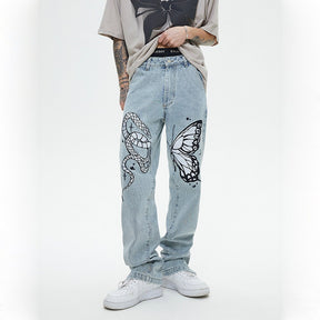 Butterfly Snake Embroidery Straight Denim Pants – DAXUEN