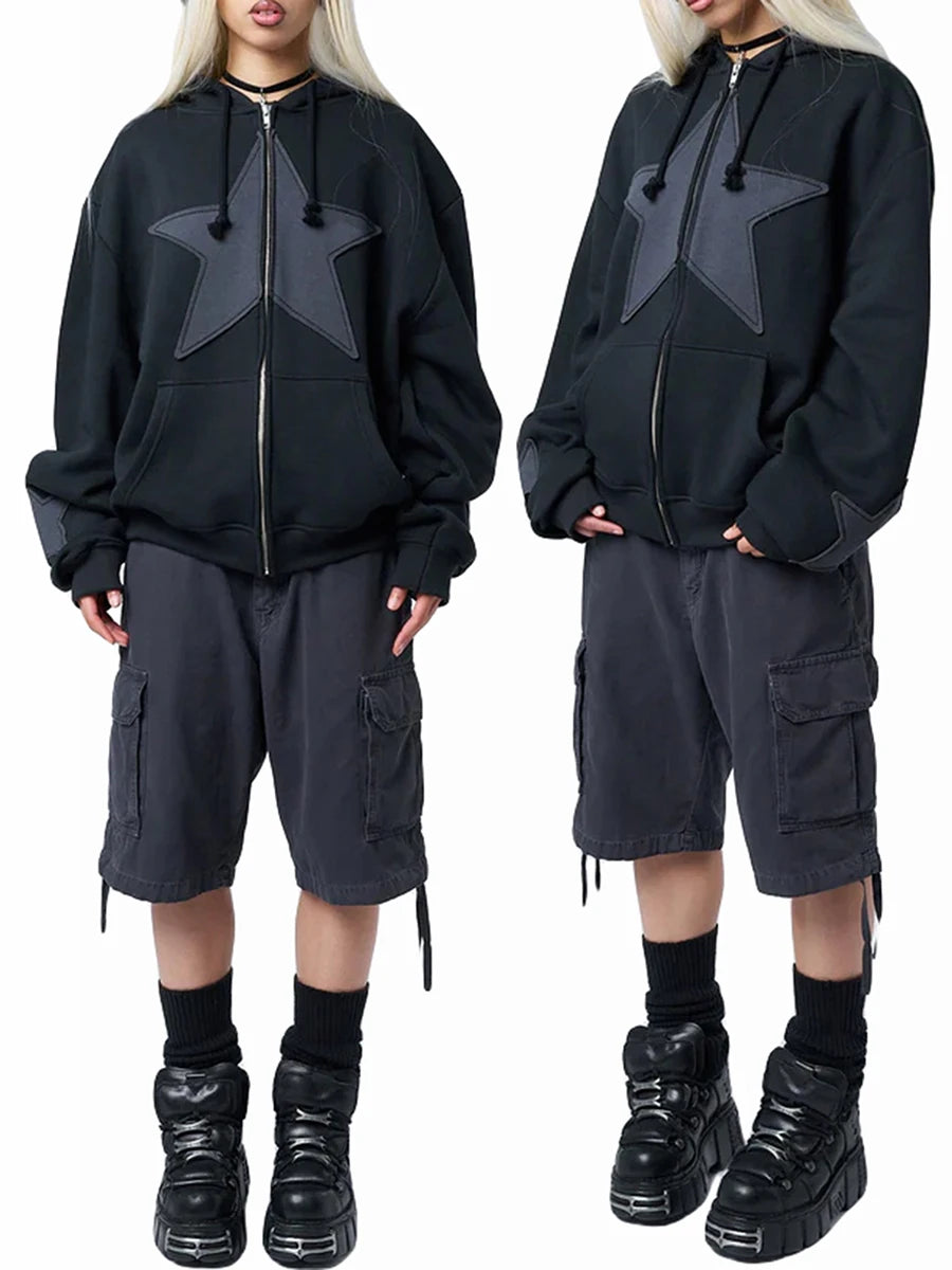 Y2K Star-Patch Zip-Up Hoodie – DAXUEN