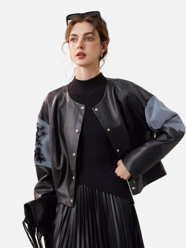 Classic Loose Black Patchwork PU Leather Jacket – DAXUEN