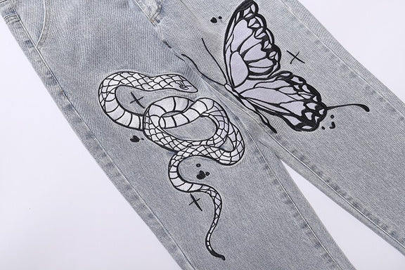 Butterfly Snake Embroidery Straight Denim Pants – DAXUEN