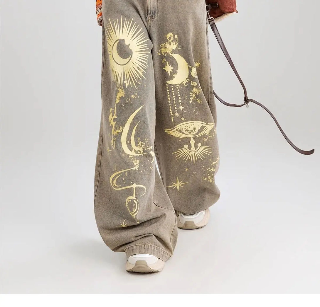 Effortless Graffiti Print Loose Vintage Wide Leg Jeans – DAXUEN