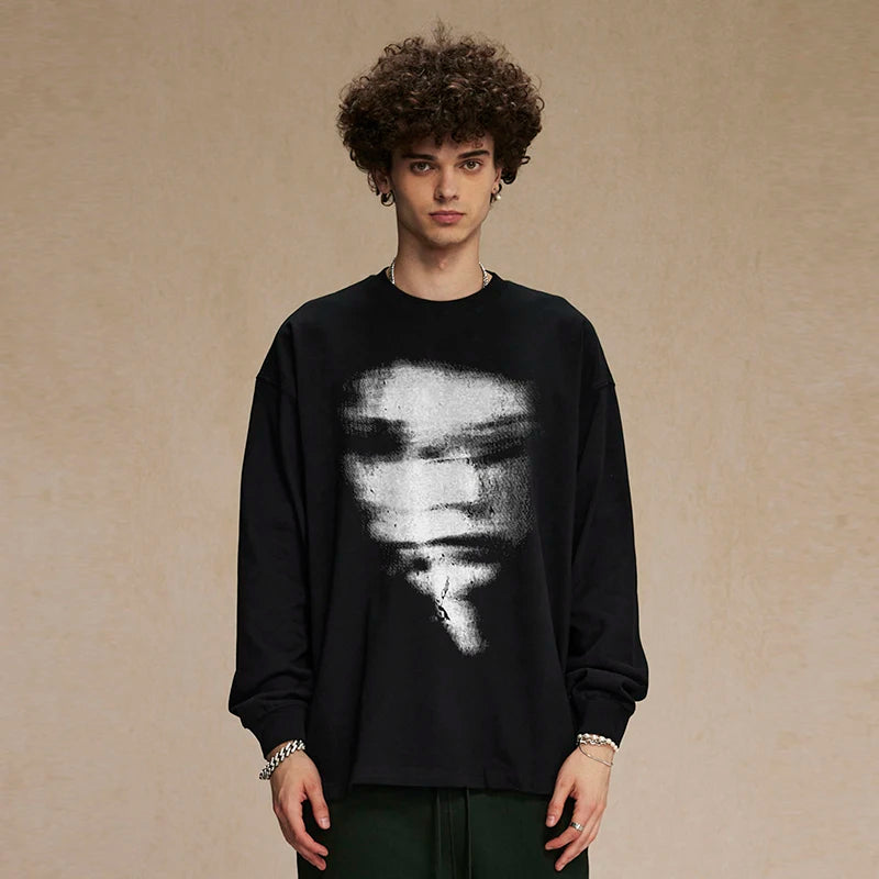 Blurry Face Graphic Long Sleeve Cotton T-Shirt – DAXUEN