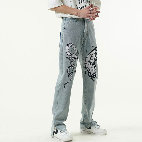 Butterfly Snake Embroidery Straight Denim Pants – DAXUEN