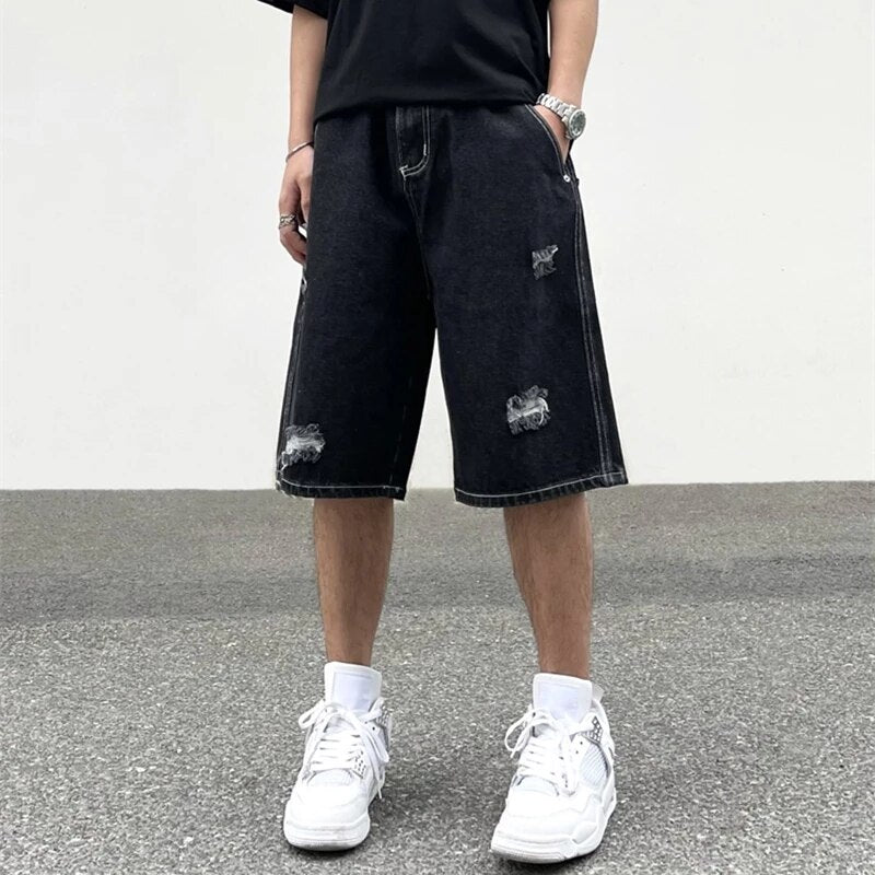 Ripped Lion Embroidery Black Denim Shorts – DAXUEN