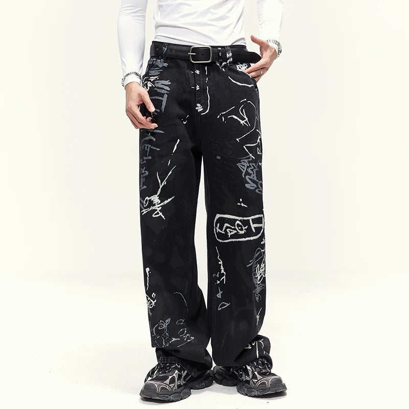 American Style Graffiti Print Loose Straight Jeans – DAXUEN